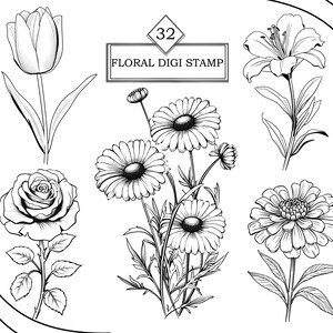 Floral Digital Stamp, Flower Digital Stamp, Digi Stamp, Digital Stamp ...