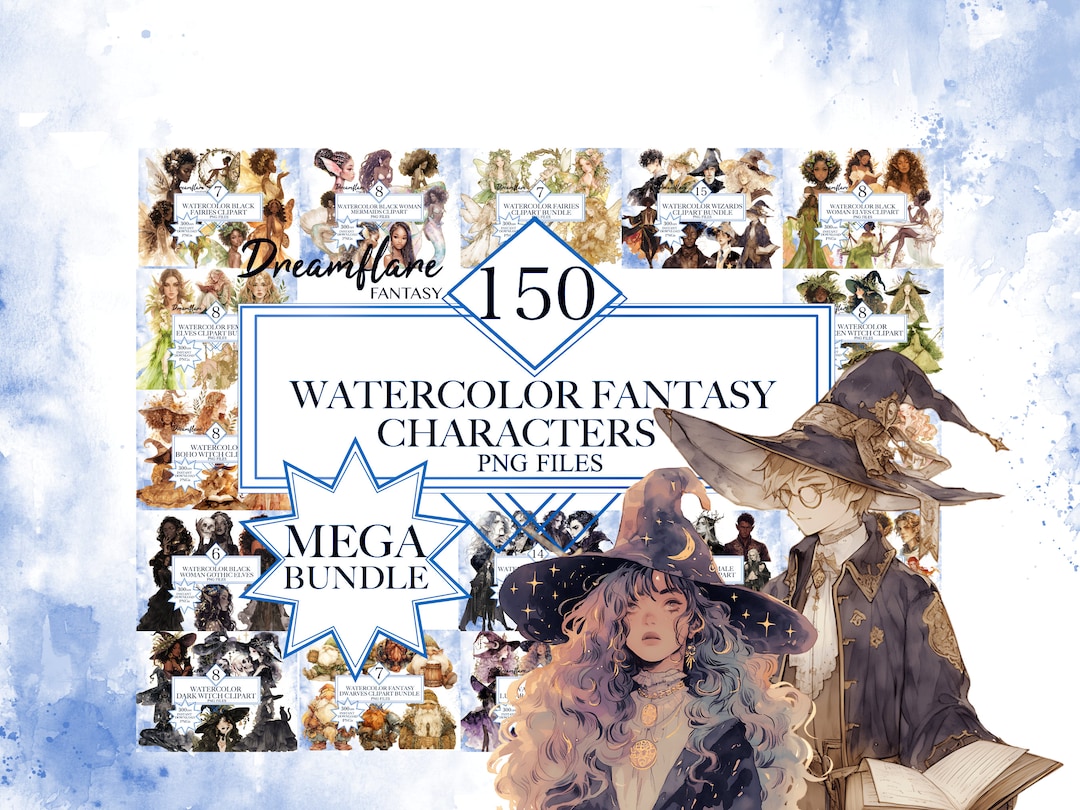 Watercolor Fantasy Characters Clipart Bundle, Wizard PNG, Witch Clipart ...