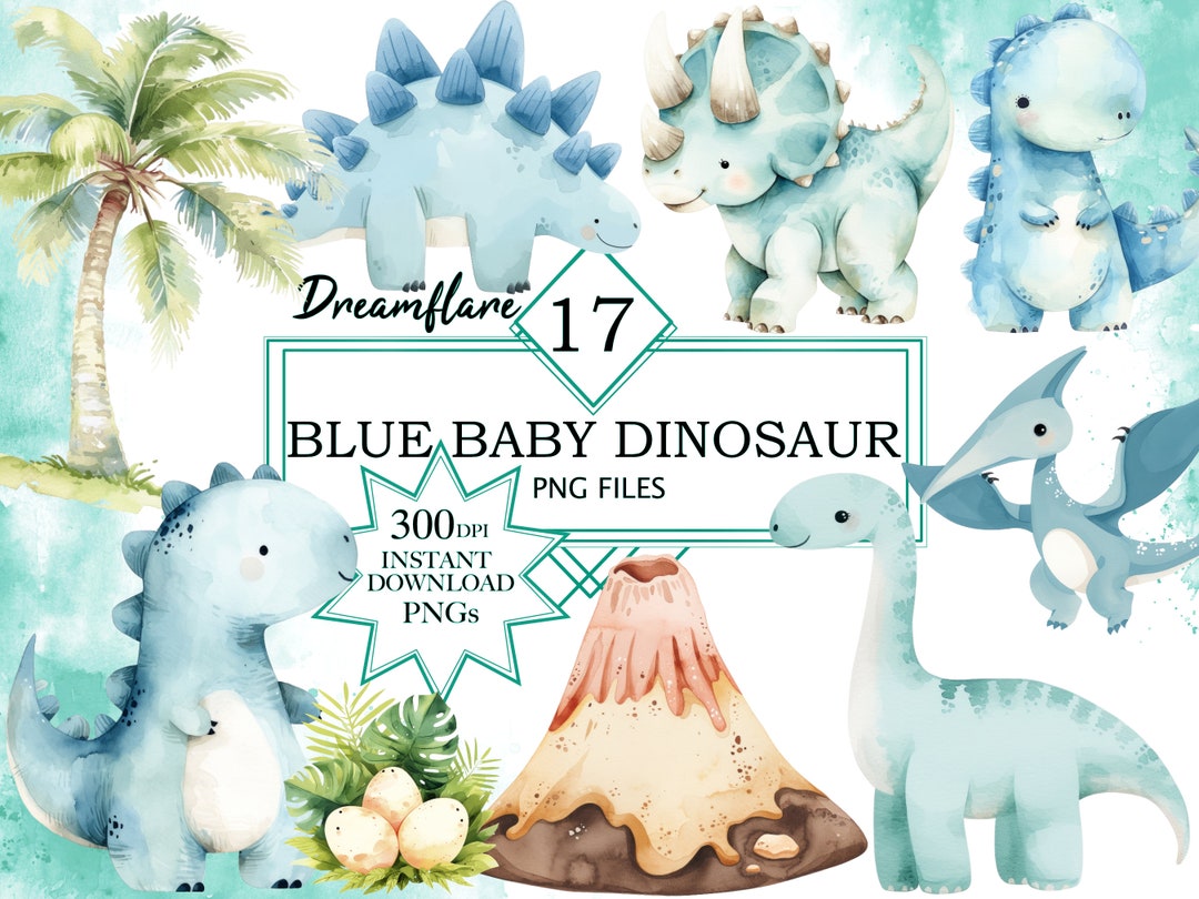 Watercolor Blue Baby Dinosaur Clipart PNG Bundle, Baby Shower, Nursery ...