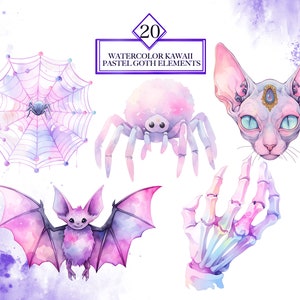 Watercolor Pastel Goth Elements PNG Bundle, Kawaii Pastel Goth Clipart ...