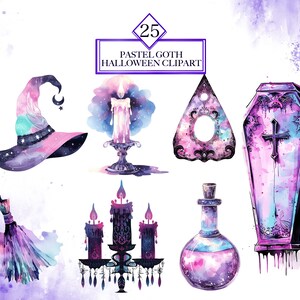 Watercolor Pastel Goth Halloween Clipart Bundle, Pastel Halloween PNG ...