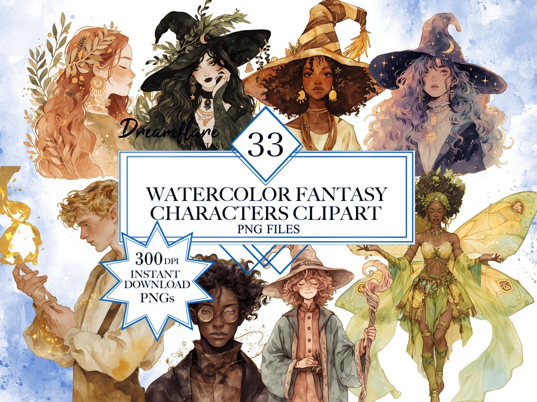 Watercolor Fantasy Characters Clipart Bundle, Witch Clipart, Wizard ...