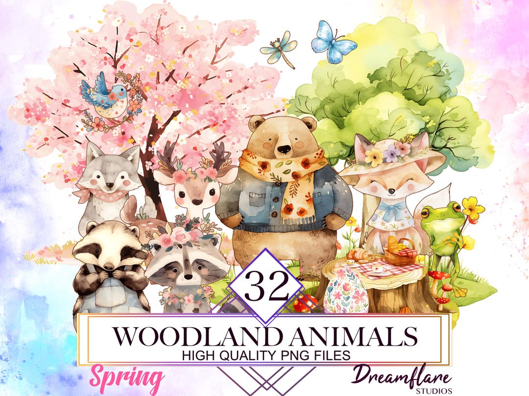 Watercolor Spring Woodland Animals Clipart Bundle, Cute Woodland ...