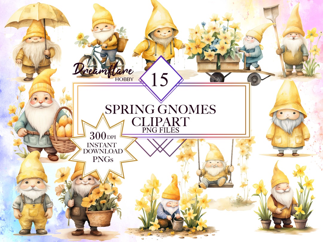 Watercolor Spring Gnomes, Garden Gnome Clipart Bundle, Spring Gnome ...