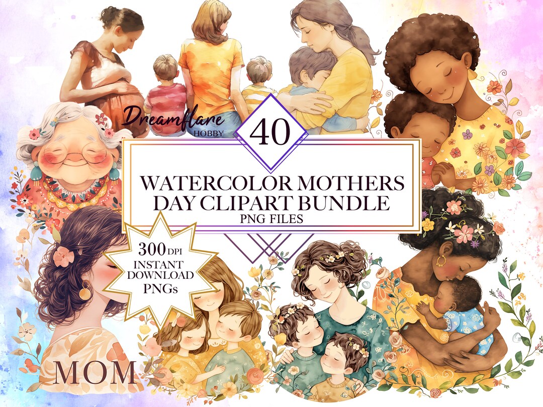 Watercolor Mothers Day Clipart Bundle, Mother's Day PNG, Mothers Day ...