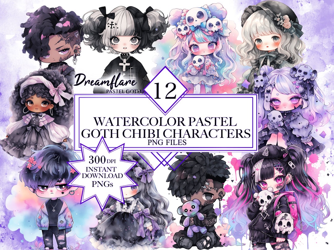 Watercolor Pastel Goth Chibi Clipart Bundle, Kawaii Pastel Goth Clipart ...