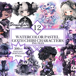 Watercolor Pastel Goth Chibi Clipart Bundle, Kawaii Pastel Goth Clipart ...