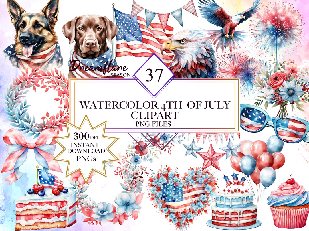 Watercolor 4th of July Clipart Art, Independence Day Pngs, Fourth of ...