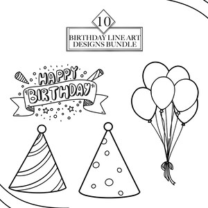 Birthday Line Art Graphics PNG & SVG Bundle, Birthday Digi Stamp ...