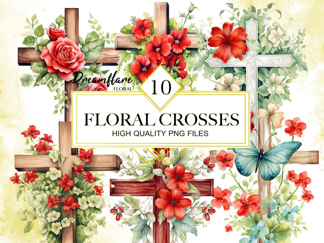 10 Watercolor Floral Crosses PNG Clipart Bundle, Watercolor Sublimation ...