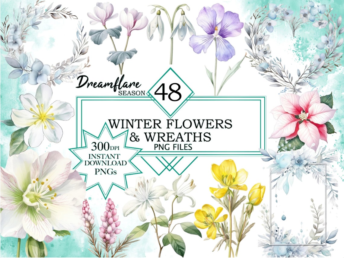 48 Watercolor Winter Flowers Clipart, Floral Clipart, Flowers PNG ...