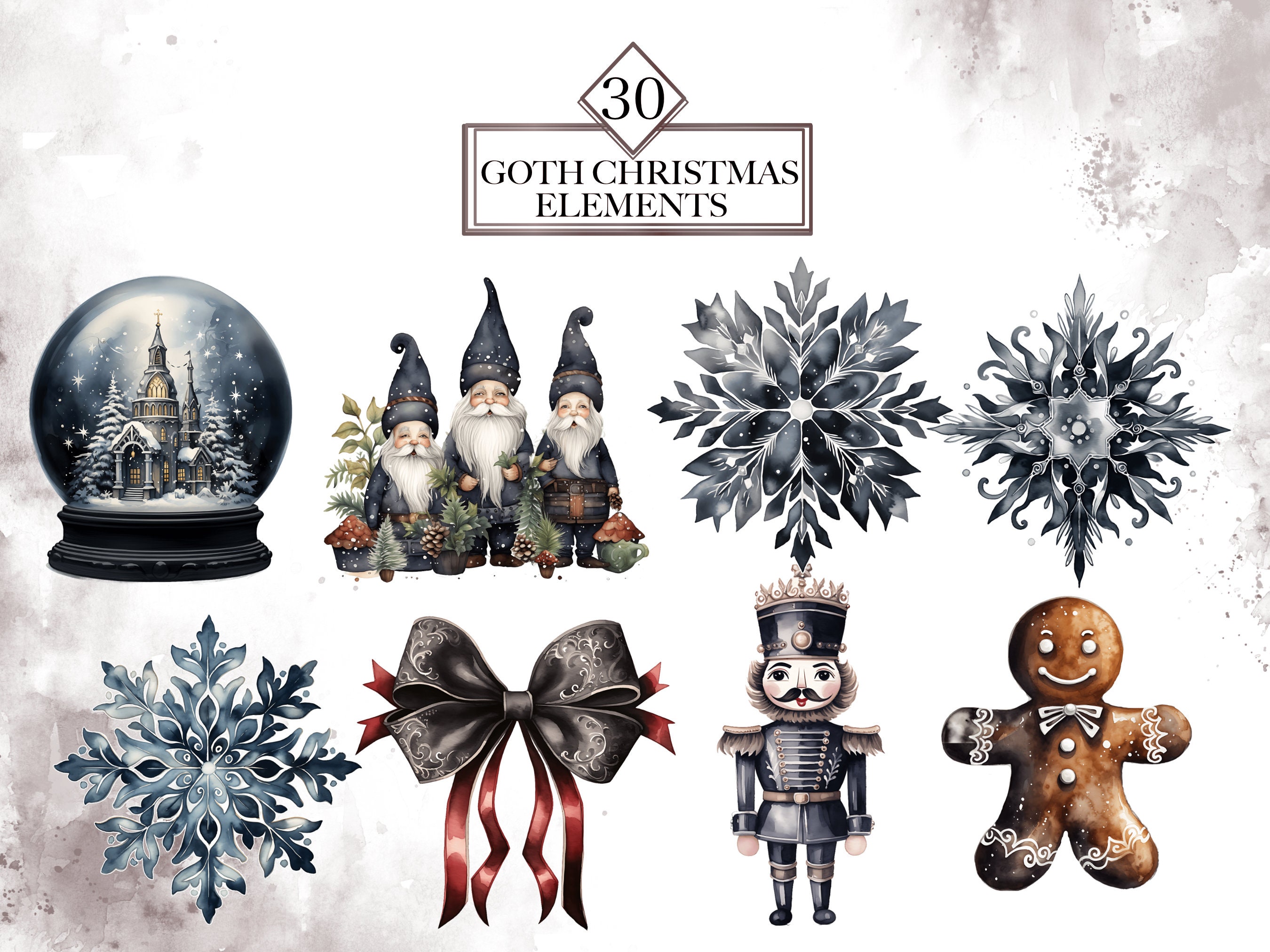 Watercolor Goth Christmas Elements PNG Bundle, Gothic Spooky Christmas ...