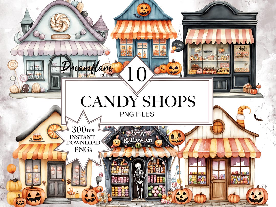 Watercolor Halloween Candy Shops Clipart Bundle, Candy Shop PNG, Spooky ...