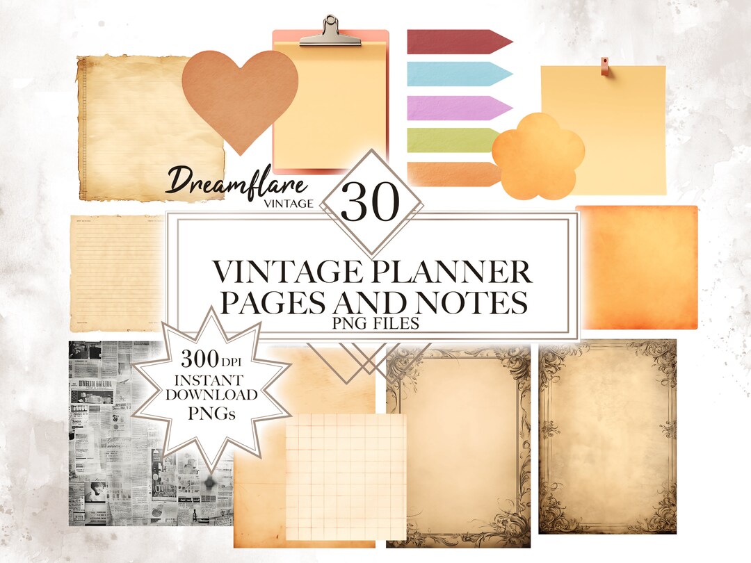 Vintage Planner Notes & Pages Clipart Bundle, Vintage PNG, Junk Journal ...