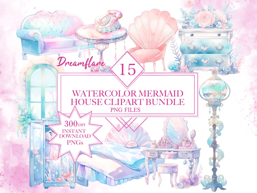 Watercolor Mermaid House Clipart Bundle, Underwater Clipart ...