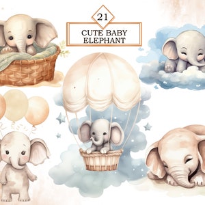 Watercolor Baby Elephant Clipart, Cozy Neutral Boho Baby Elephant ...