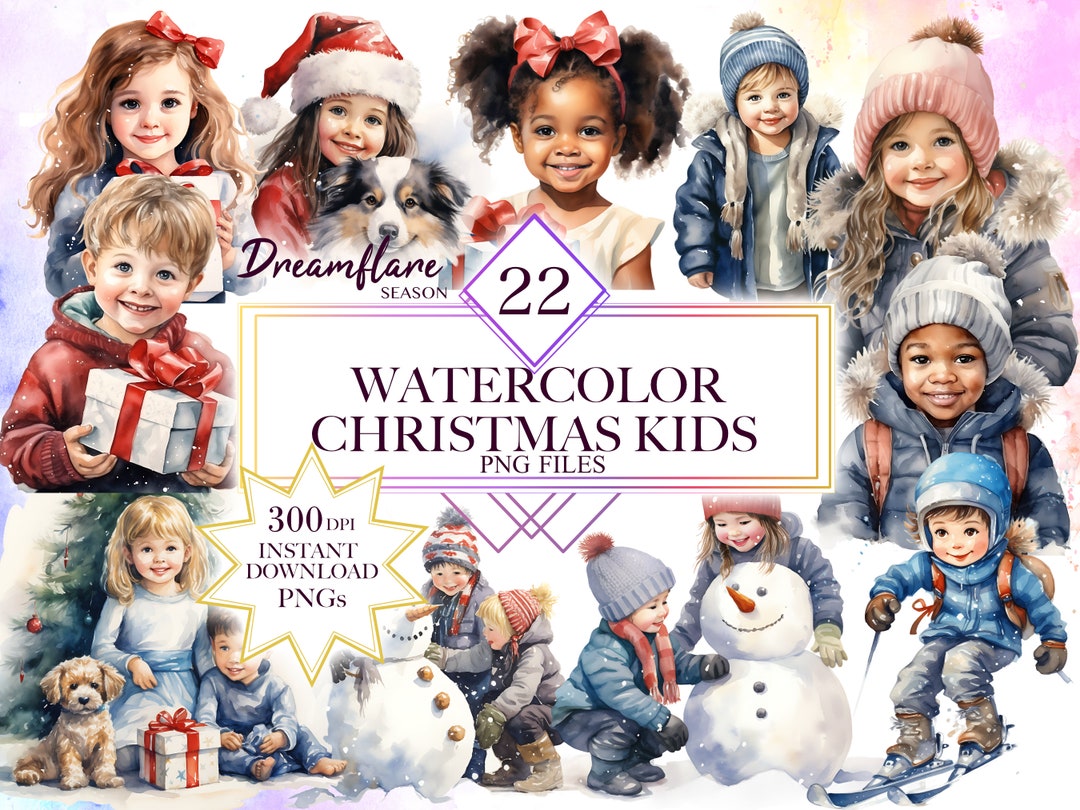 Watercolor Christmas Kids Clipart Bundle, Kids Christmas PNG ...