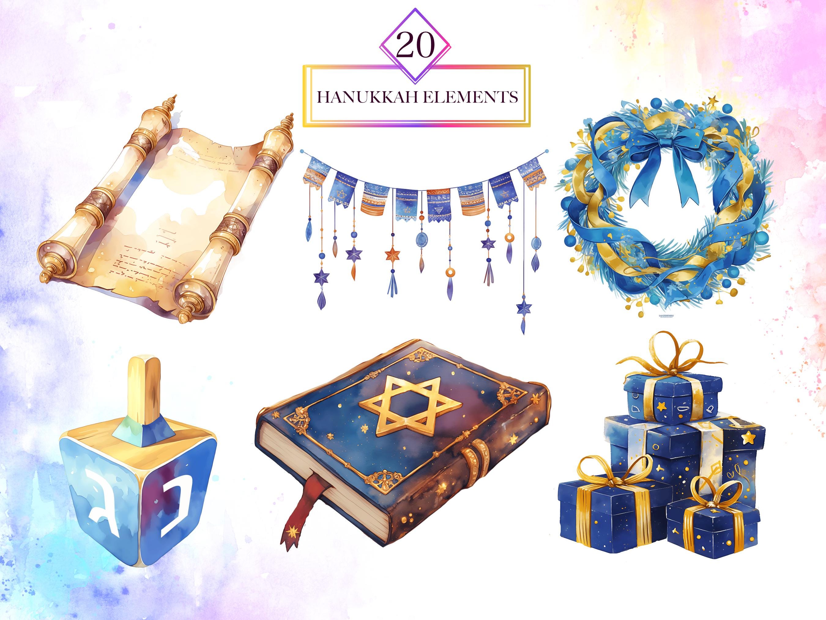 Watercolor Hanukkah Clipart Bundle, Jewish Festival PNG, Menorah Jewish ...