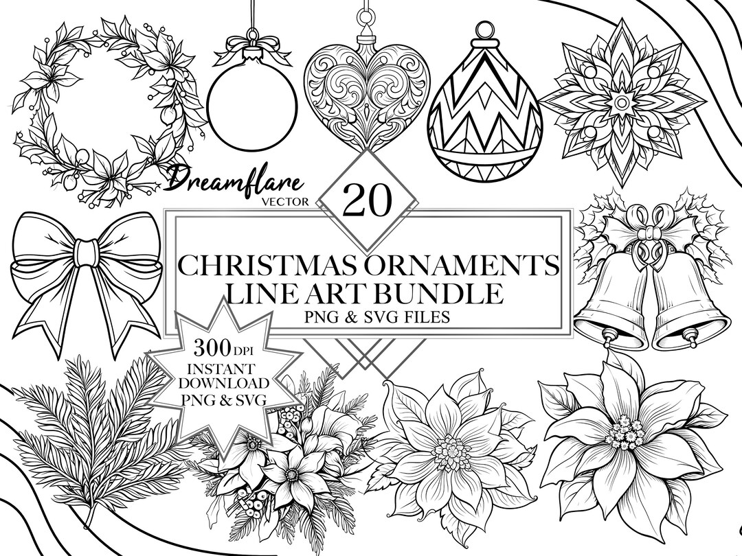 Christmas Ornaments Line Art PNG & SVG Bundle, Christmas Digi Stamp ...