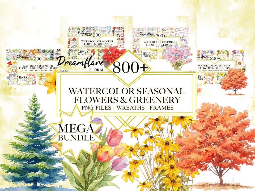 Seasonal Flowers & Greenery Mega Bundle, Floral Wreath, Winter, Spring ...