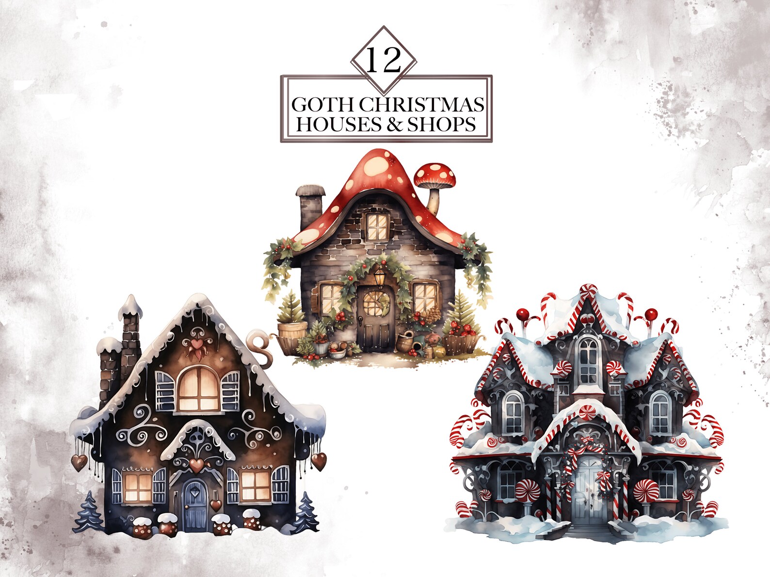 Watercolor Goth Christmas Houses and Shops PNG Bundle, Gothic House ...