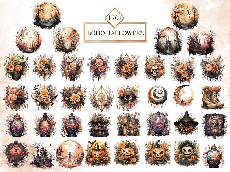 Halloween Clipart Bundle Watercolor Boho PNG Design Goth - Etsy