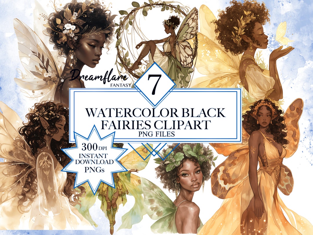 Watercolor Black Fairies Clipart Bundle, Fairy PNG, Black Woman PNG ...