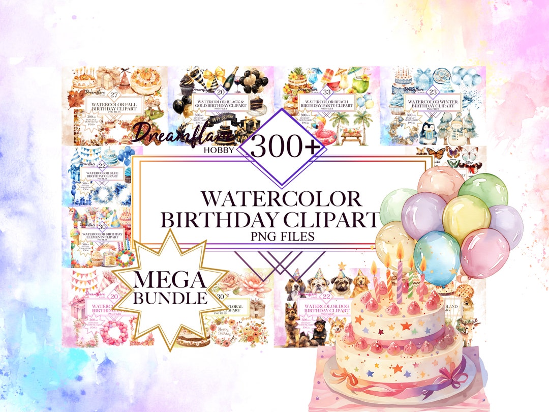 Watercolor Birthday Clipart Mega Bundle, Birthday Party Clipart ...