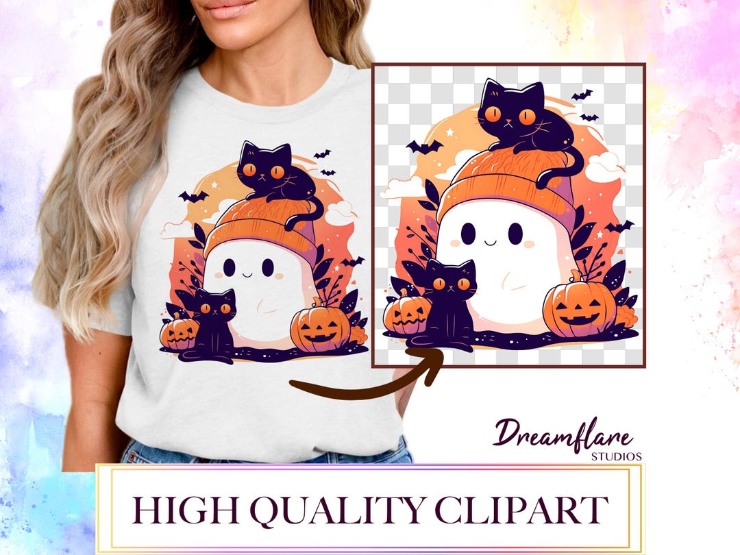 Cute Halloween Ghost With Black Cats PNG, Ghost PNG, Jack O Lantern ...