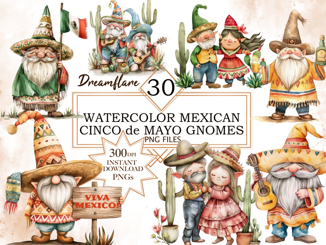 Watercolor Mexican Gnomes Clipart Bundle, Mexican Gnomies PNG, Cinco De ...