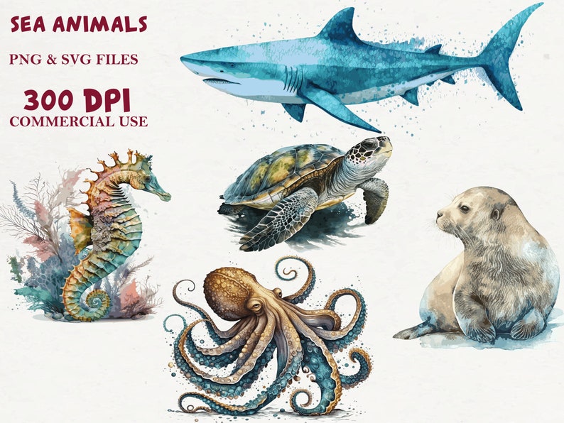 Watercolor Sea Animals Clipart Bundle, PNG & SVG, Watercolor ...