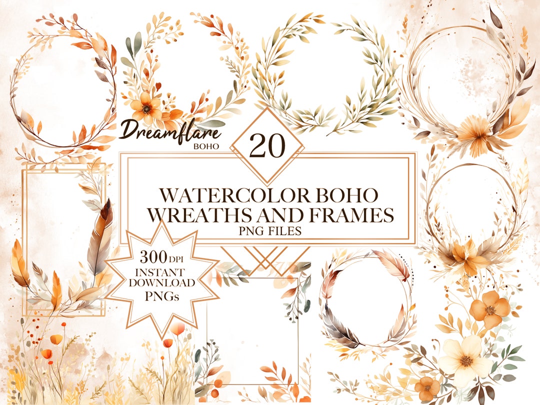 Watercolor Boho Wreaths and Frames Clipart Bundle, Boho Floral Wreath ...