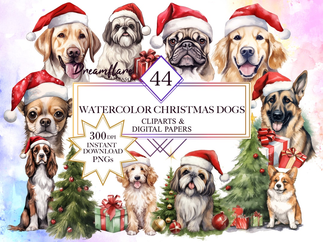 Watercolor Christmas Dogs Clipart Bundle, Dogs Christmas PNG, Animals ...