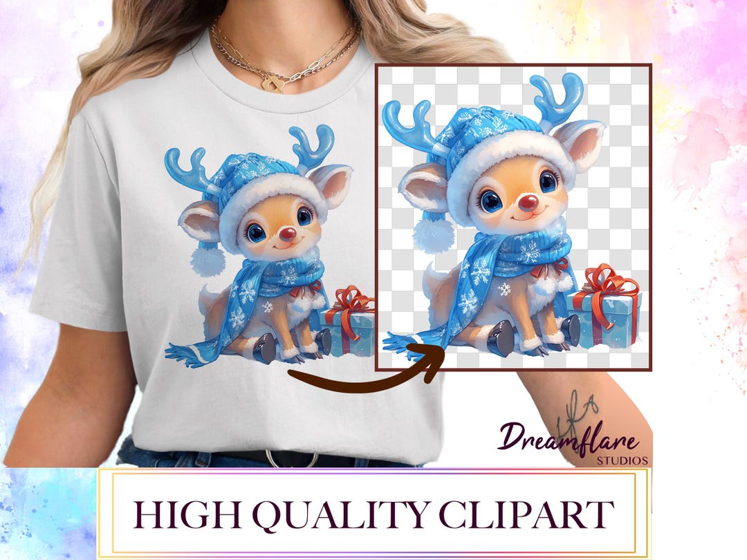 Cute Blue Christmas Reindeer With Gift PNG, Christmas Reindeer Clipart ...
