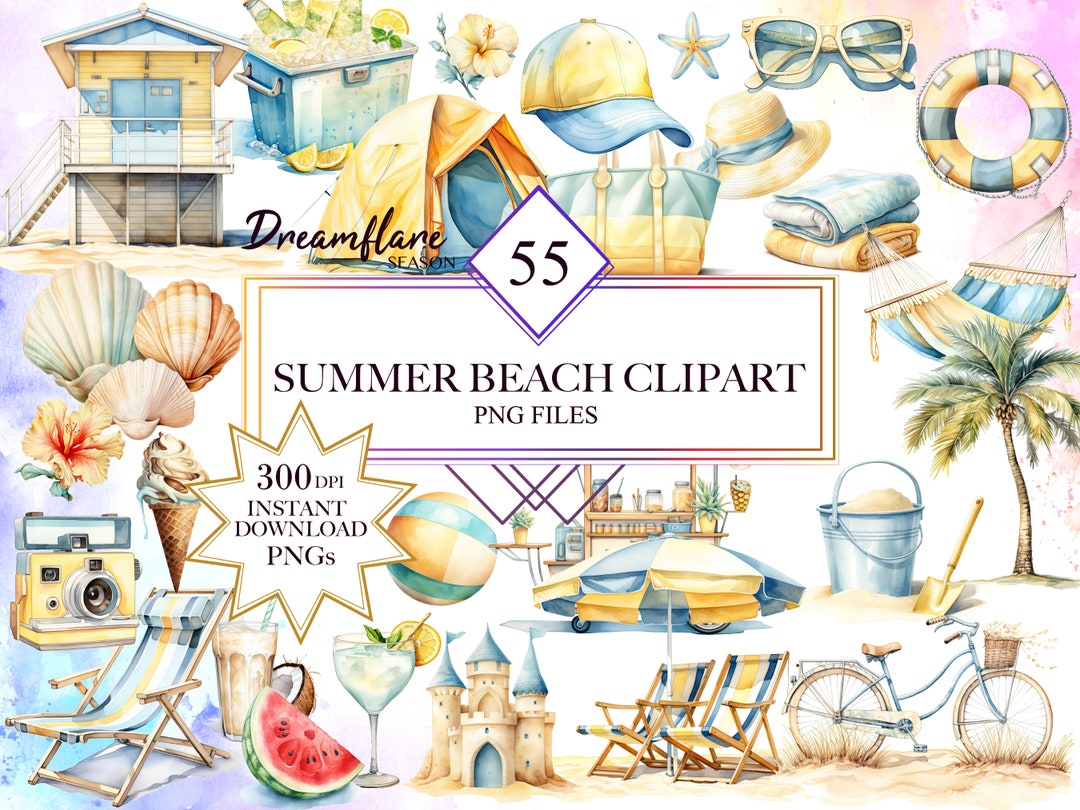 Watercolor Summer Beach Clipart Bundle, Beach Holiday Pngs, Summer ...