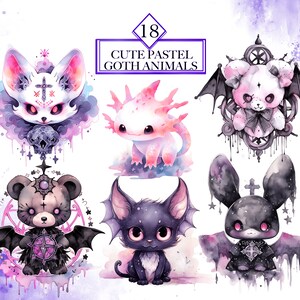 Watercolor Pastel Goth Animals PNG Bundle, Kawaii Pastel Goth Clipart ...