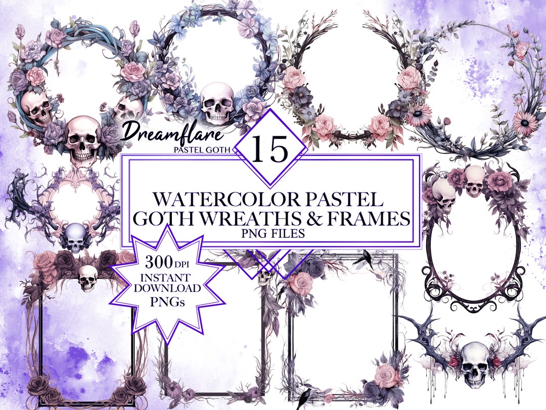 Watercolor Pastel Goth Wreaths & Frames PNG Bundle, Pastel Goth Clipart ...