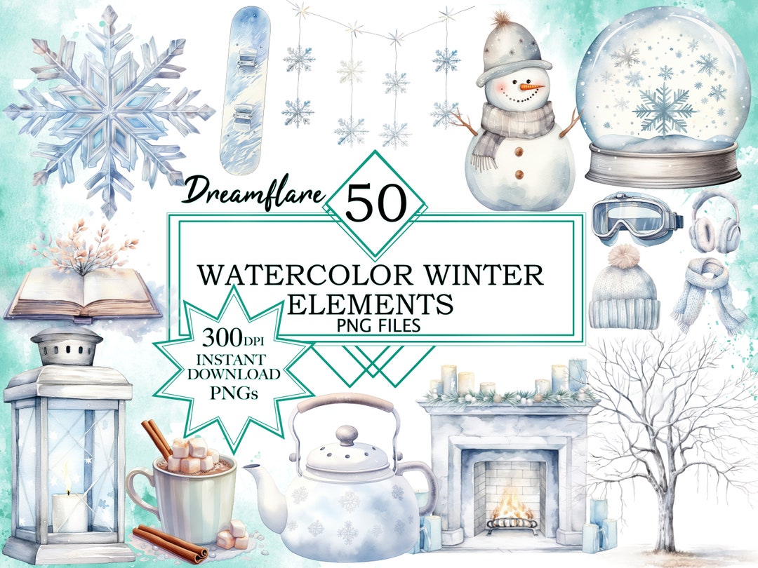50 Watercolor Winter Elements Clipart, Winter Season PNG, Snow Winter ...