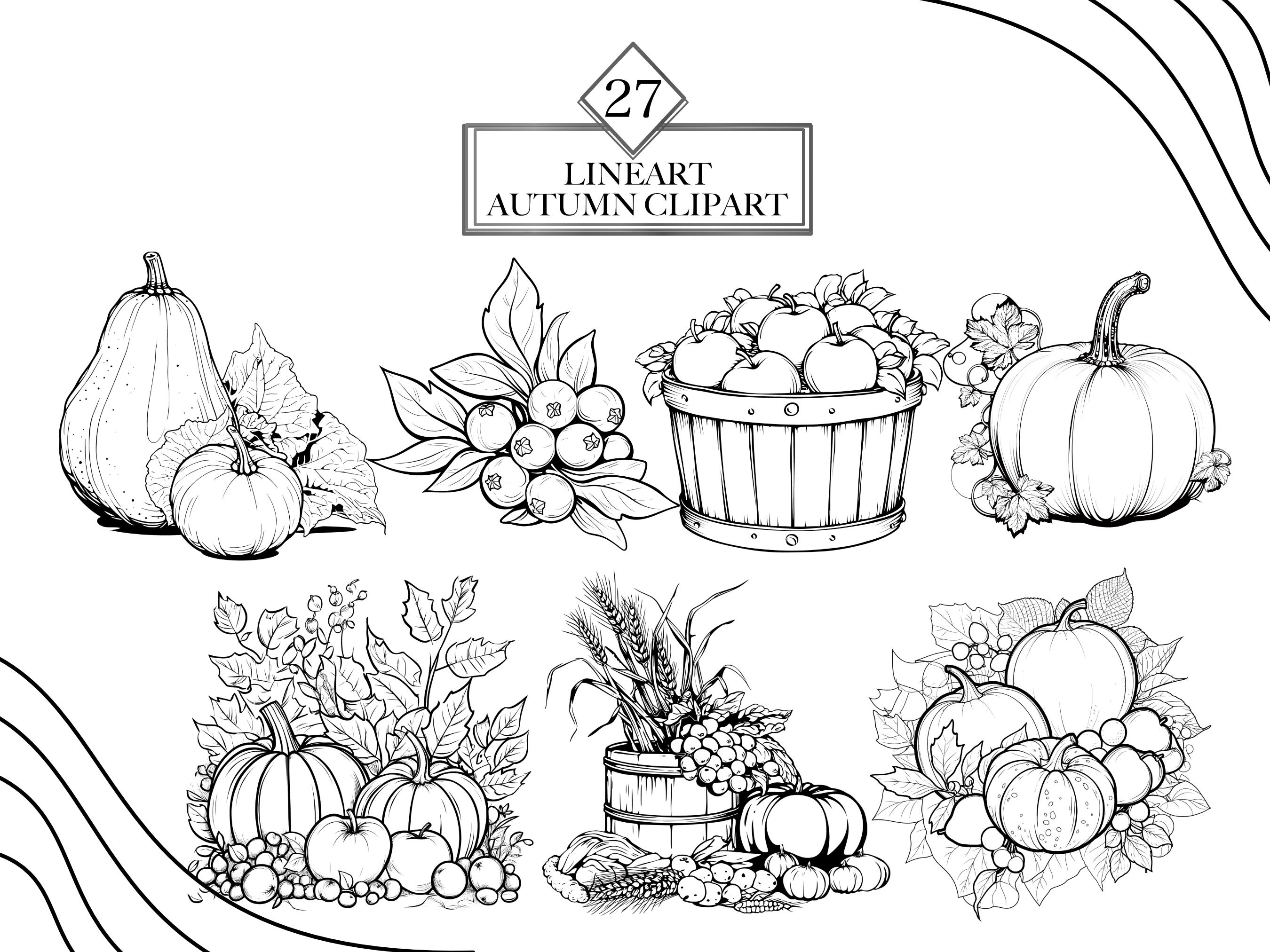 Line Art Autumn PNG and SVG Bundle, Autumn SVG, Digital Stamp, Coloring ...