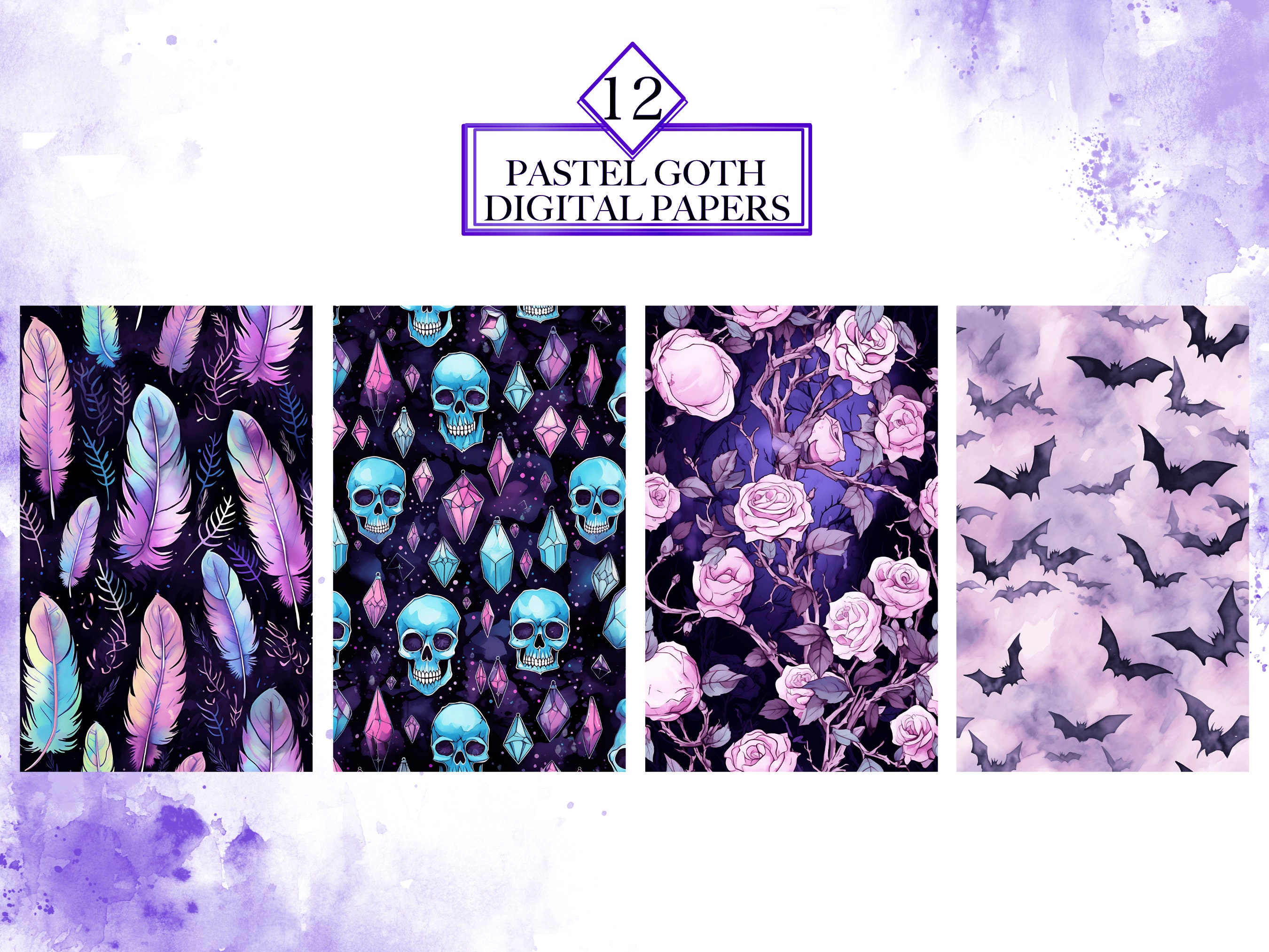 Watercolor Pastel Goth Digital Papers PNG Bundle, Halloween Digital ...
