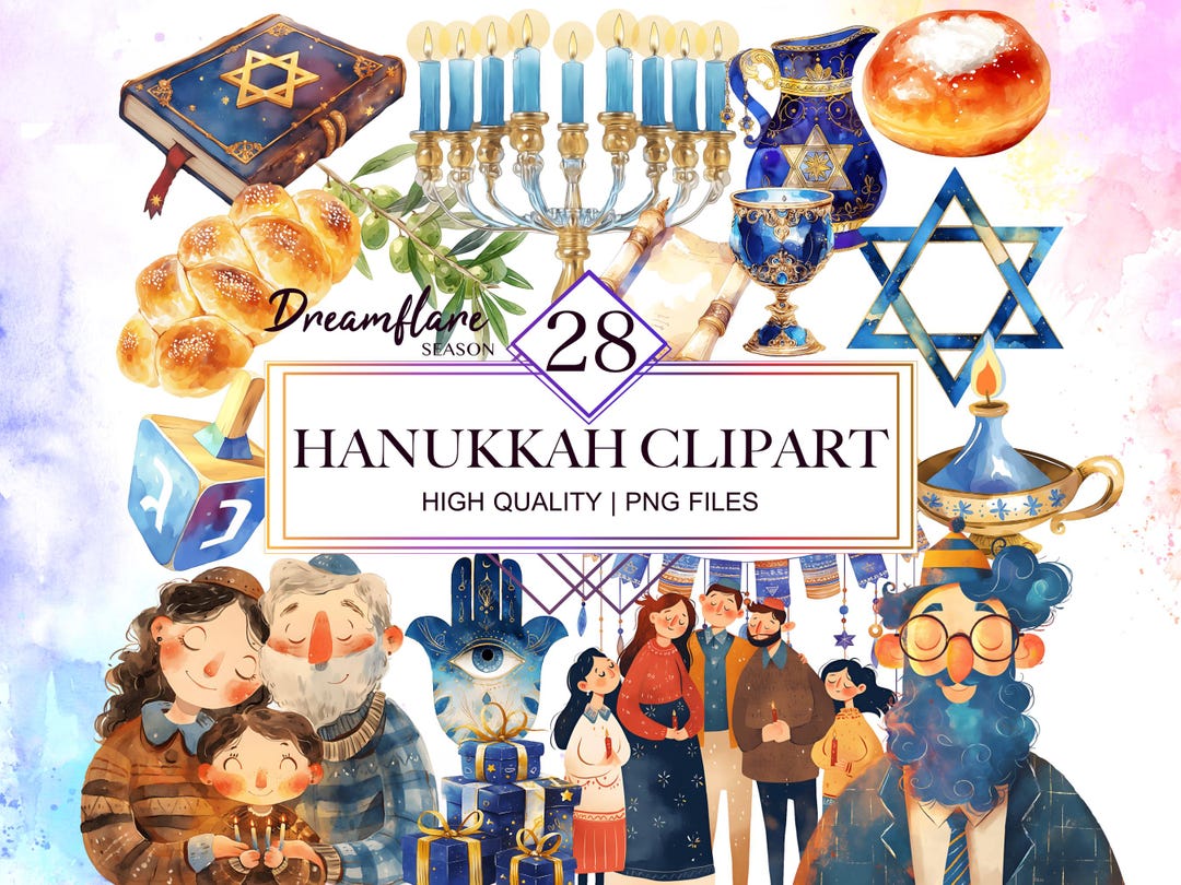 Watercolor Hanukkah Clipart Bundle, Jewish Festival PNG, Menorah Jewish ...