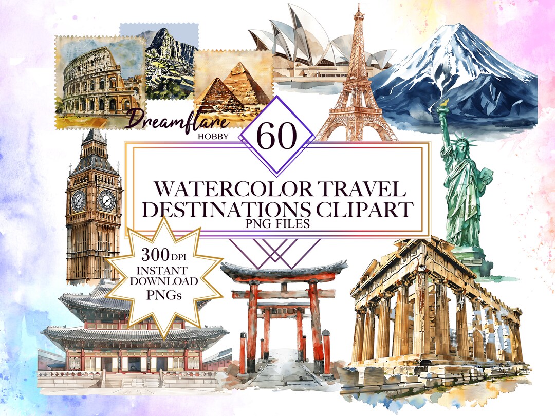 Watercolor Travel Destinations Clipart Bundle, Summer Holiday, Vacation ...
