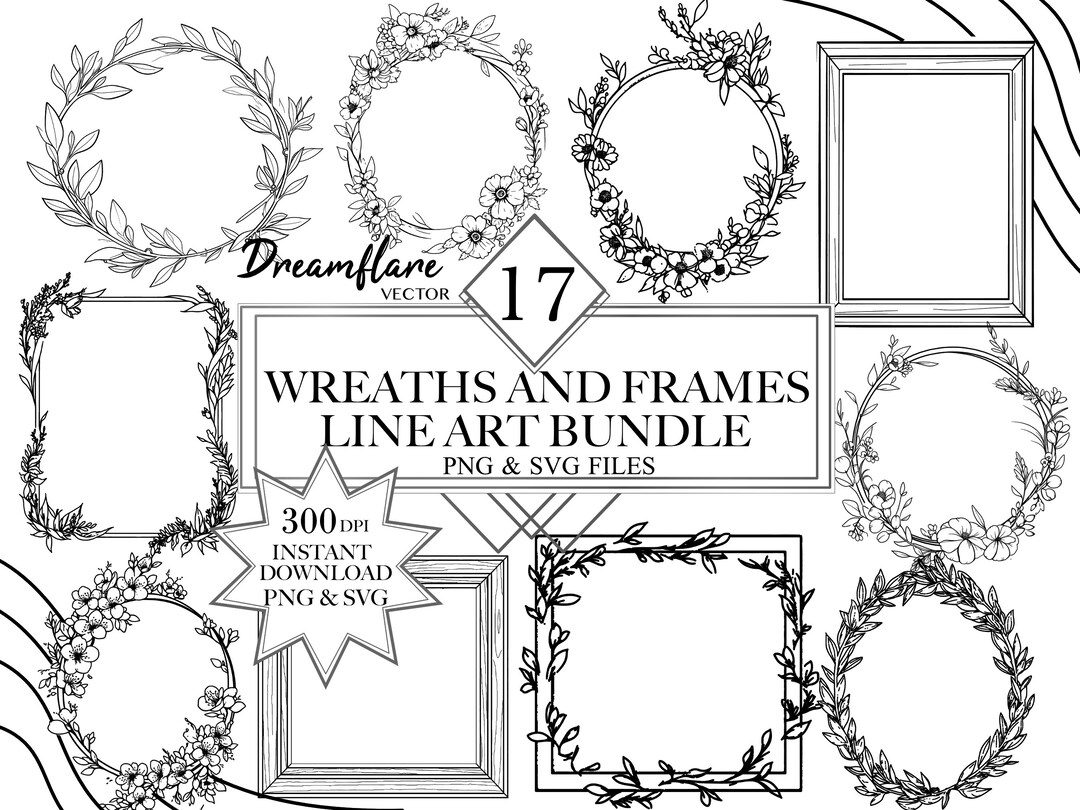 Wreaths And Frames Line Art PNG & SVG Bundle, Digital Stamp, Floral ...