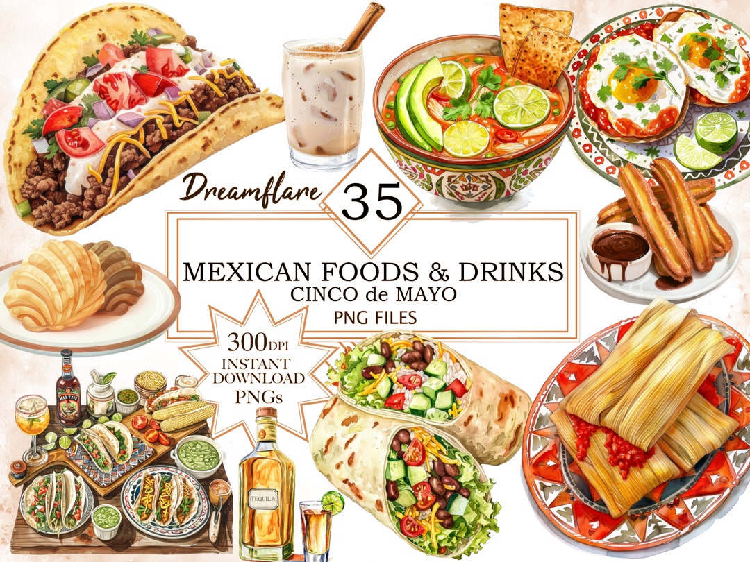 Cinco De Mayo Mexican Foods& Drinks Clipart PNG Bundle, Traditional ...