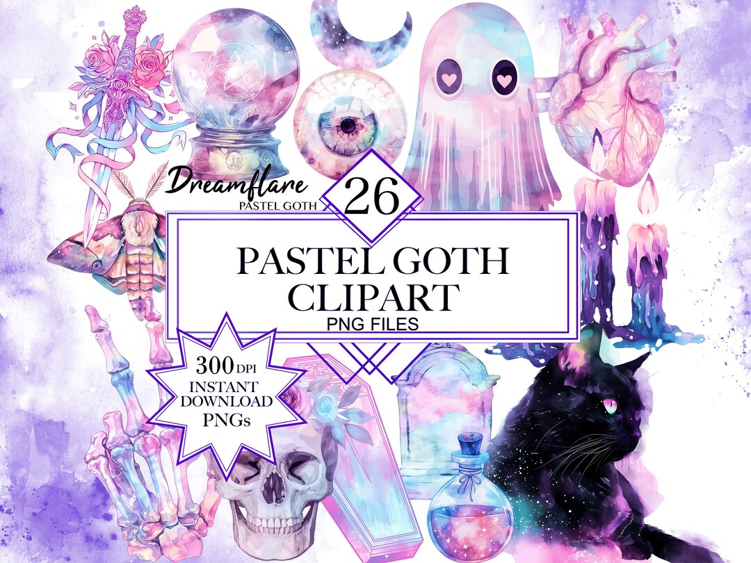 Watercolor Pastel Goth Elements Clipart Bundle, Pastel Goth PNG, Creepy ...