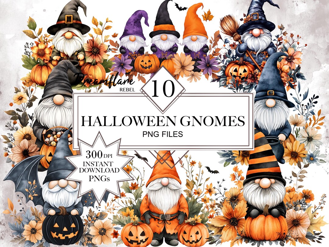 Watercolor Halloween Gnomes PNG Bundle, Garden Gnome Clipart, Spooky ...