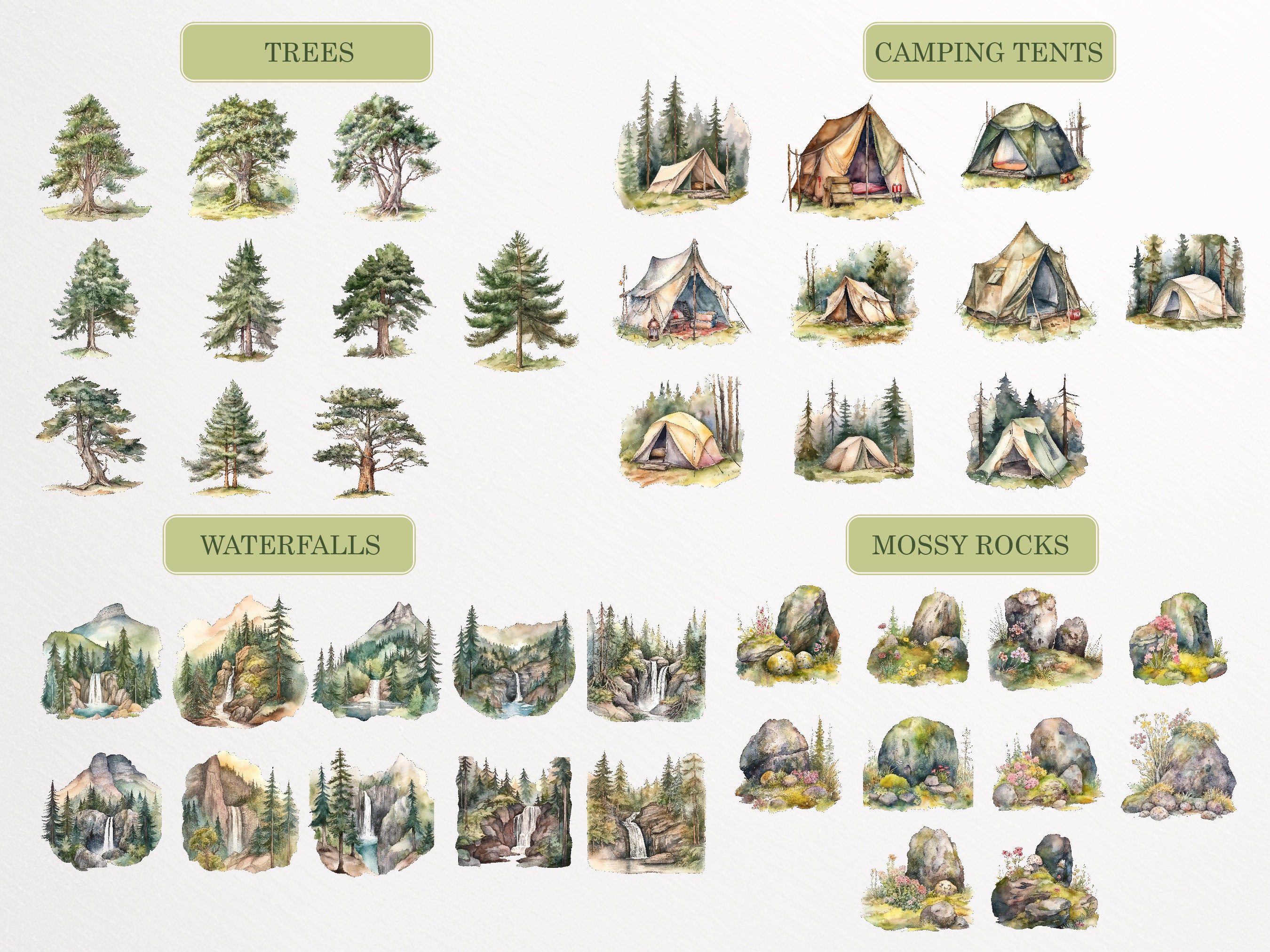 Watercolor Forest Clipart, Woodland, Hiking, Camping, Nature, Tree ...
