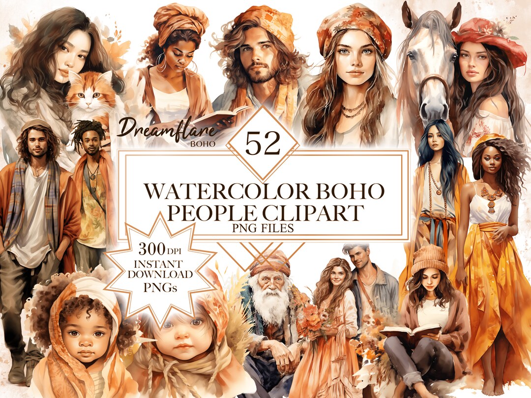 Watercolor Boho People Clipart Bundle, Bohemian Woman PNG, Bohemian Men ...