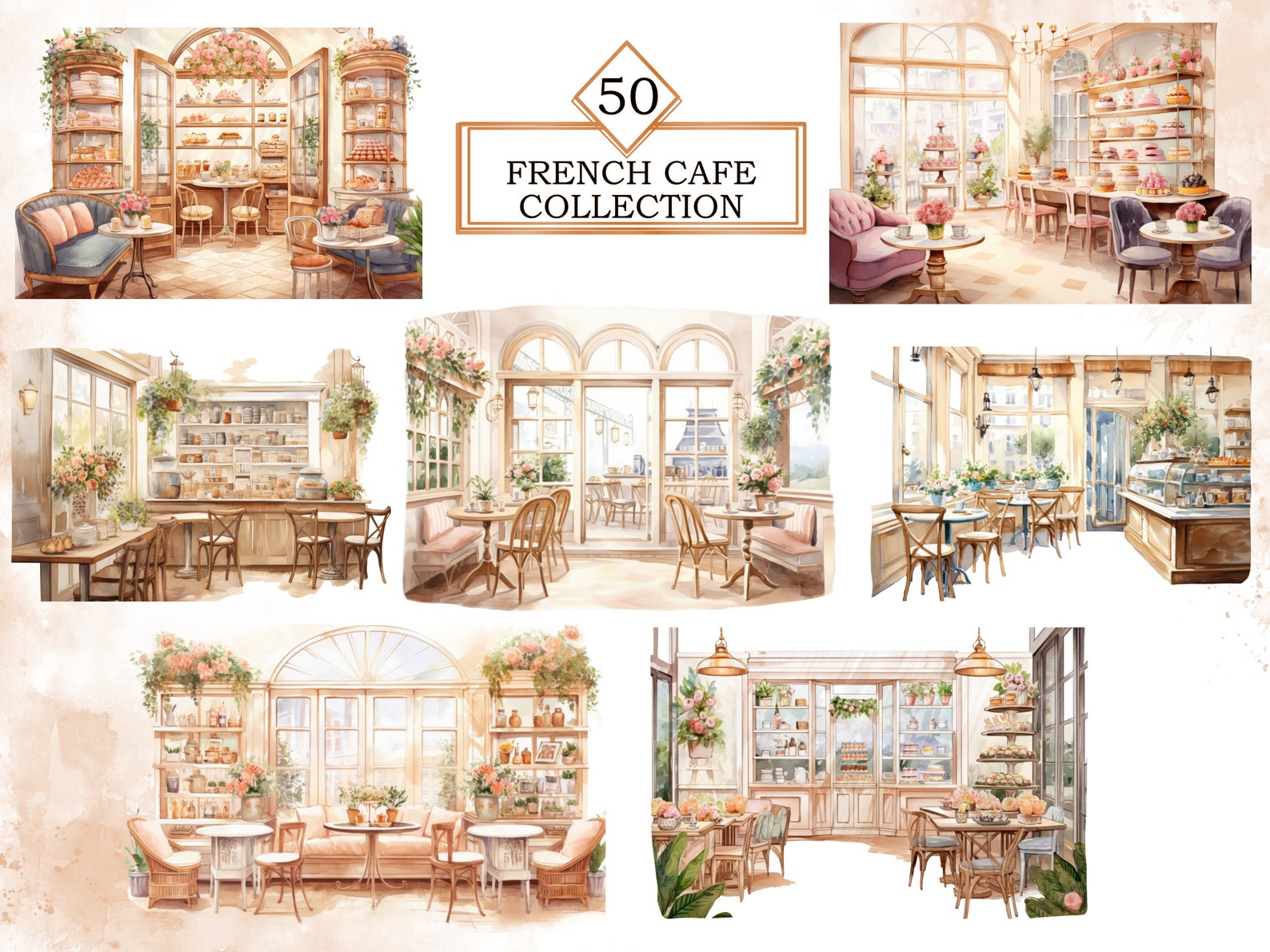 French Cafe Watercolor Clipart, Cafe Interior Clipart, Cafe Exterior ...