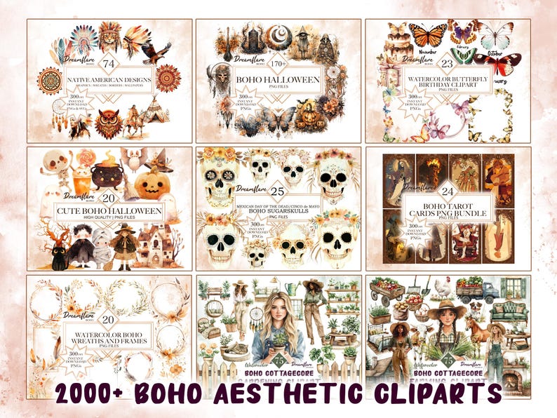 Watercolor Boho Clipart Mega Bundle, Boho PNG Bundle, Boho Floral ...